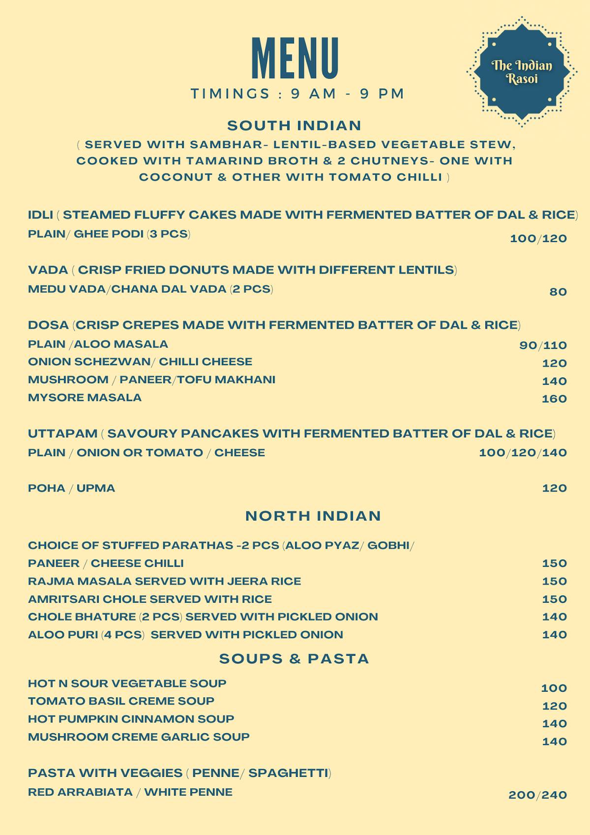 Menu at The Indian Rasoi, Rishikesh