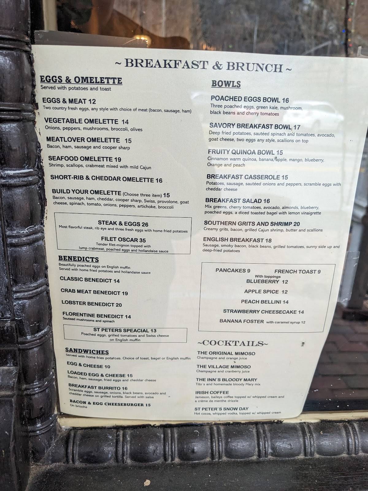 Menu at The Inn at St Peter's Village restaurant, USA