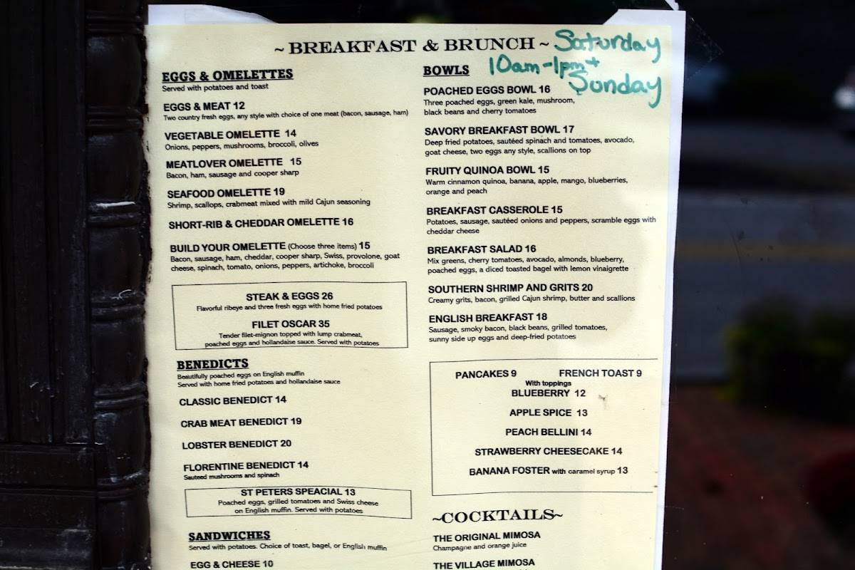 Menu at The Inn at St Peter's Village restaurant, USA