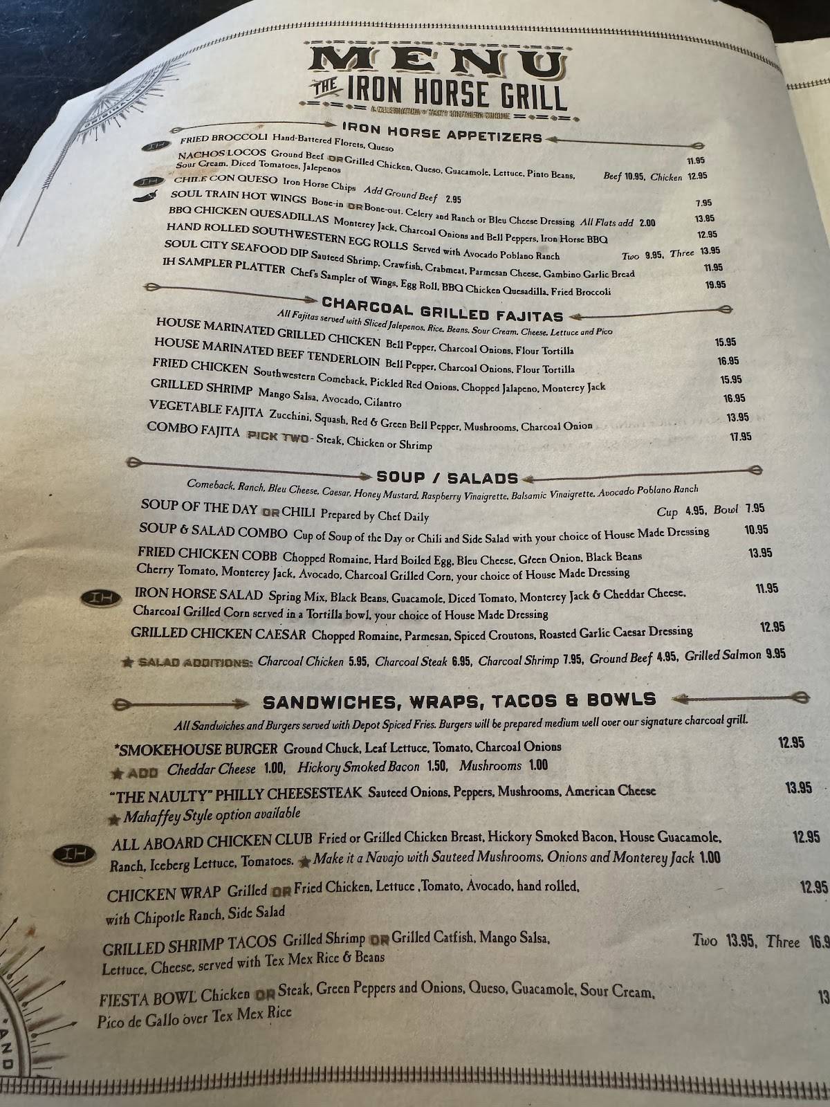 Menu at The Iron Horse Grill restaurant, Jackson