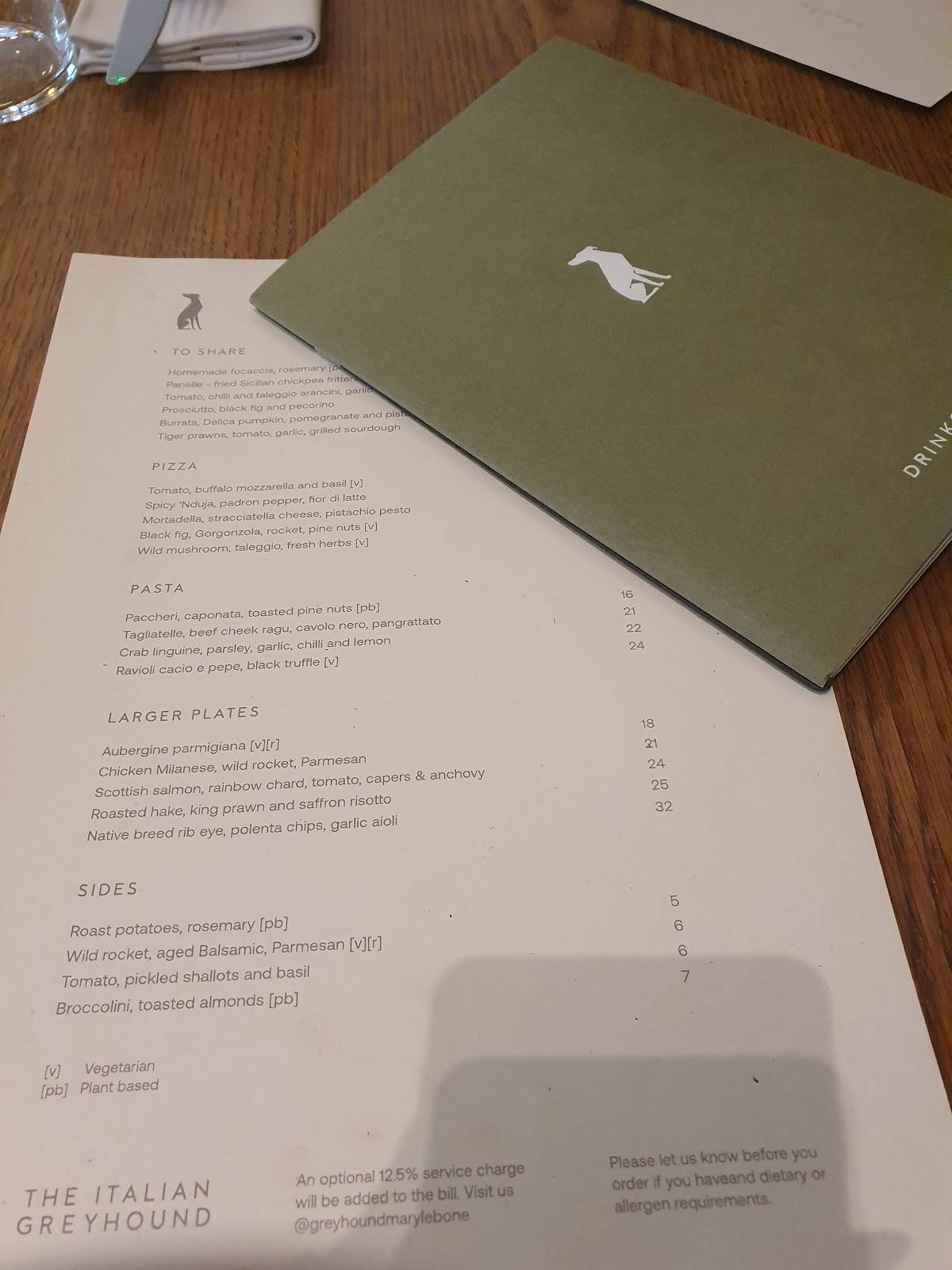 Menu at The Italian Greyhound restaurant, London