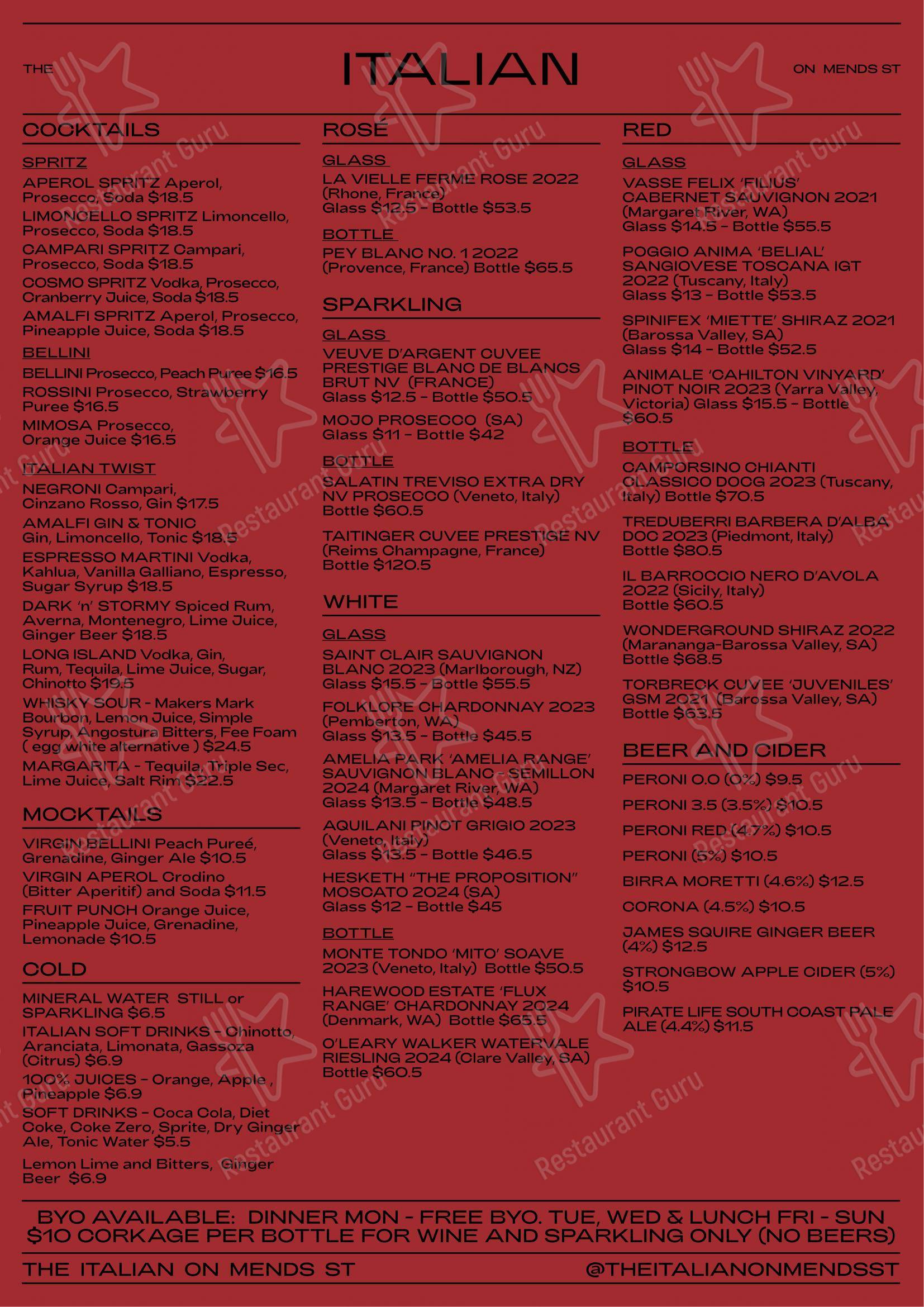 Menu at The Italian on Mends St restaurant, South Perth