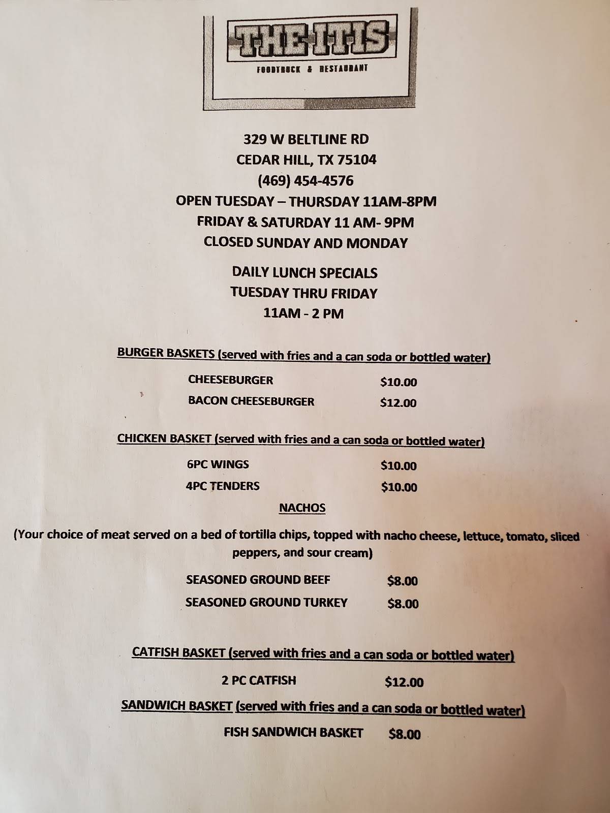 Carta de The Itis Foodtruck, Cedar Hill
