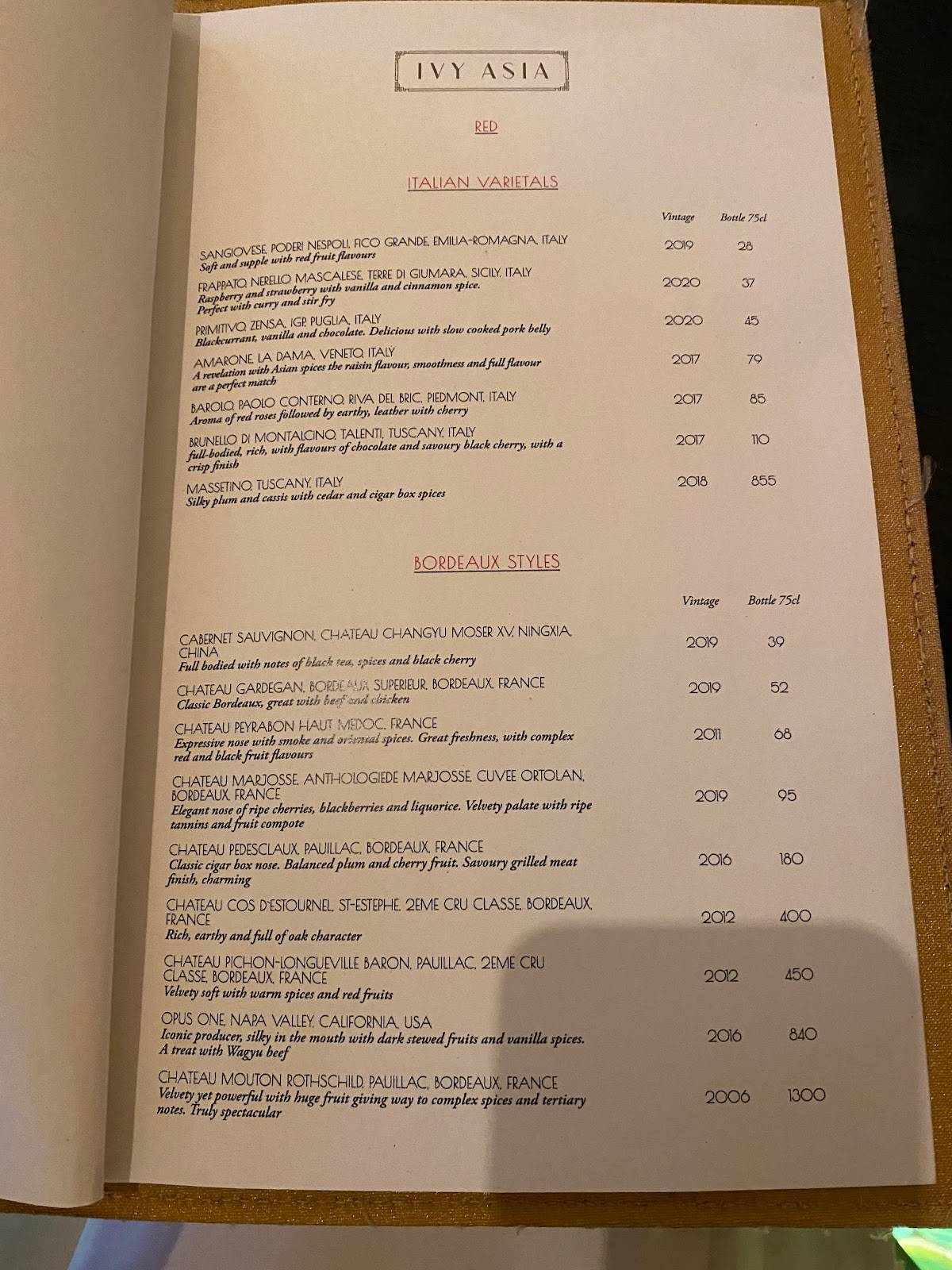 Carta del restaurante The Ivy Asia Mayfair, Londres
