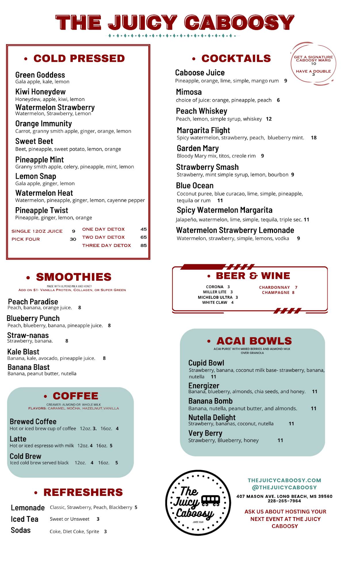 Menu at The Juicy Caboosy pub & bar, Long Beach