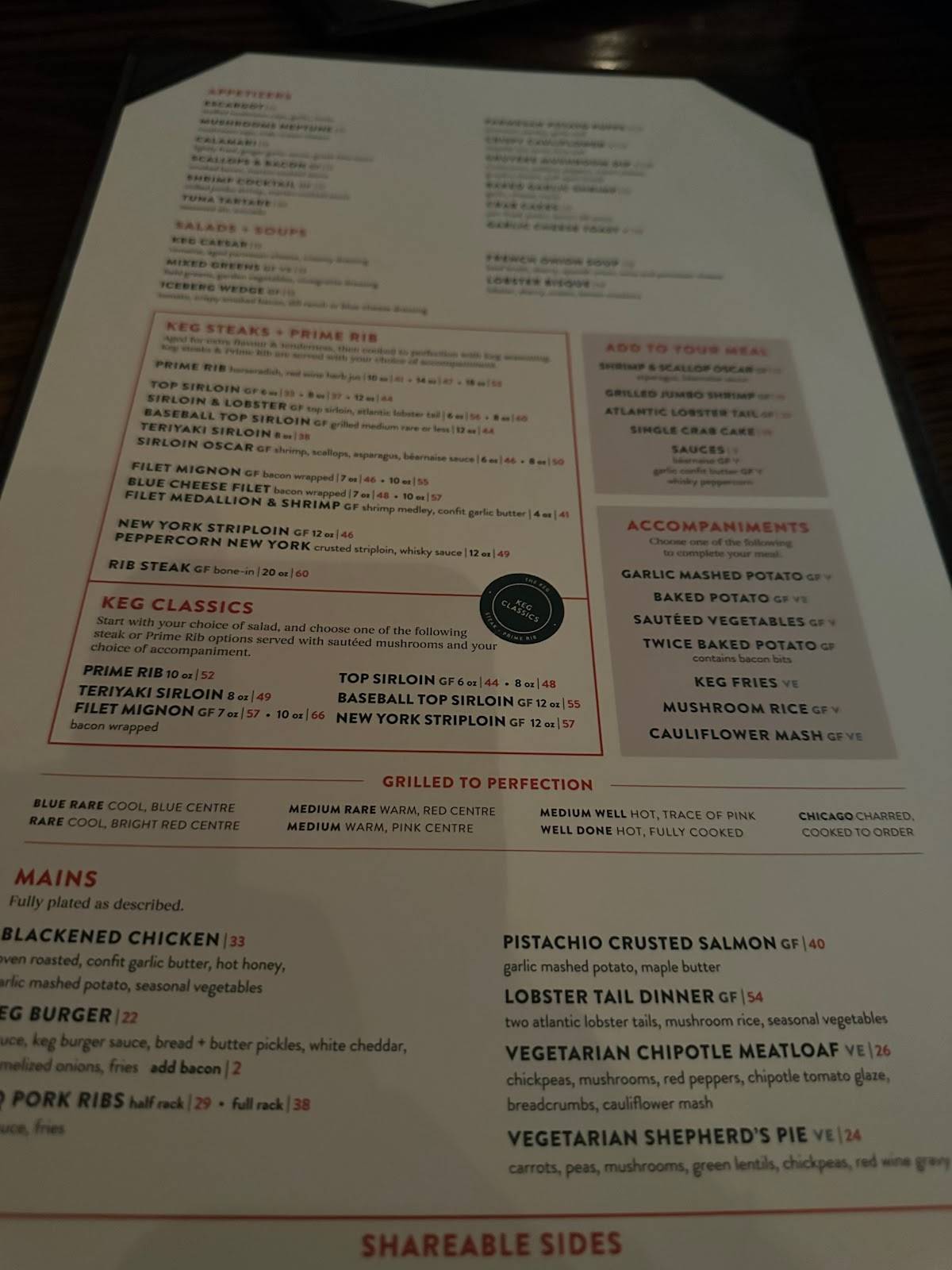 The keg steakhouse menu store