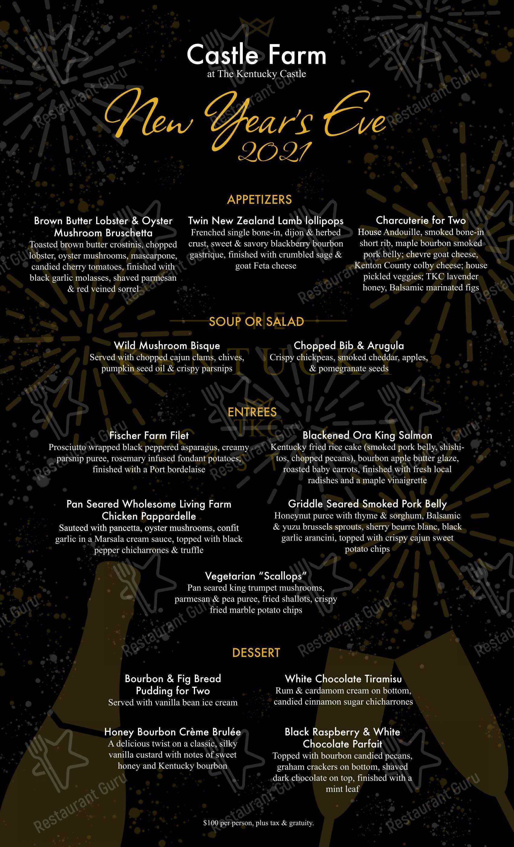 Menu at The Kentucky Castle restaurant, USA