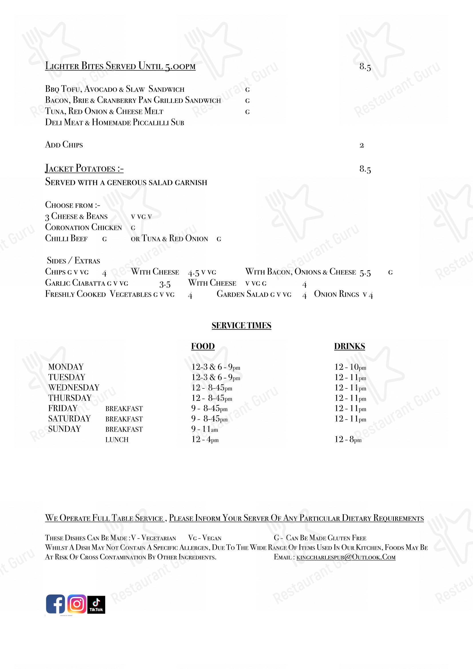 Menu at The King Charles pub & bar, Kings Worthy