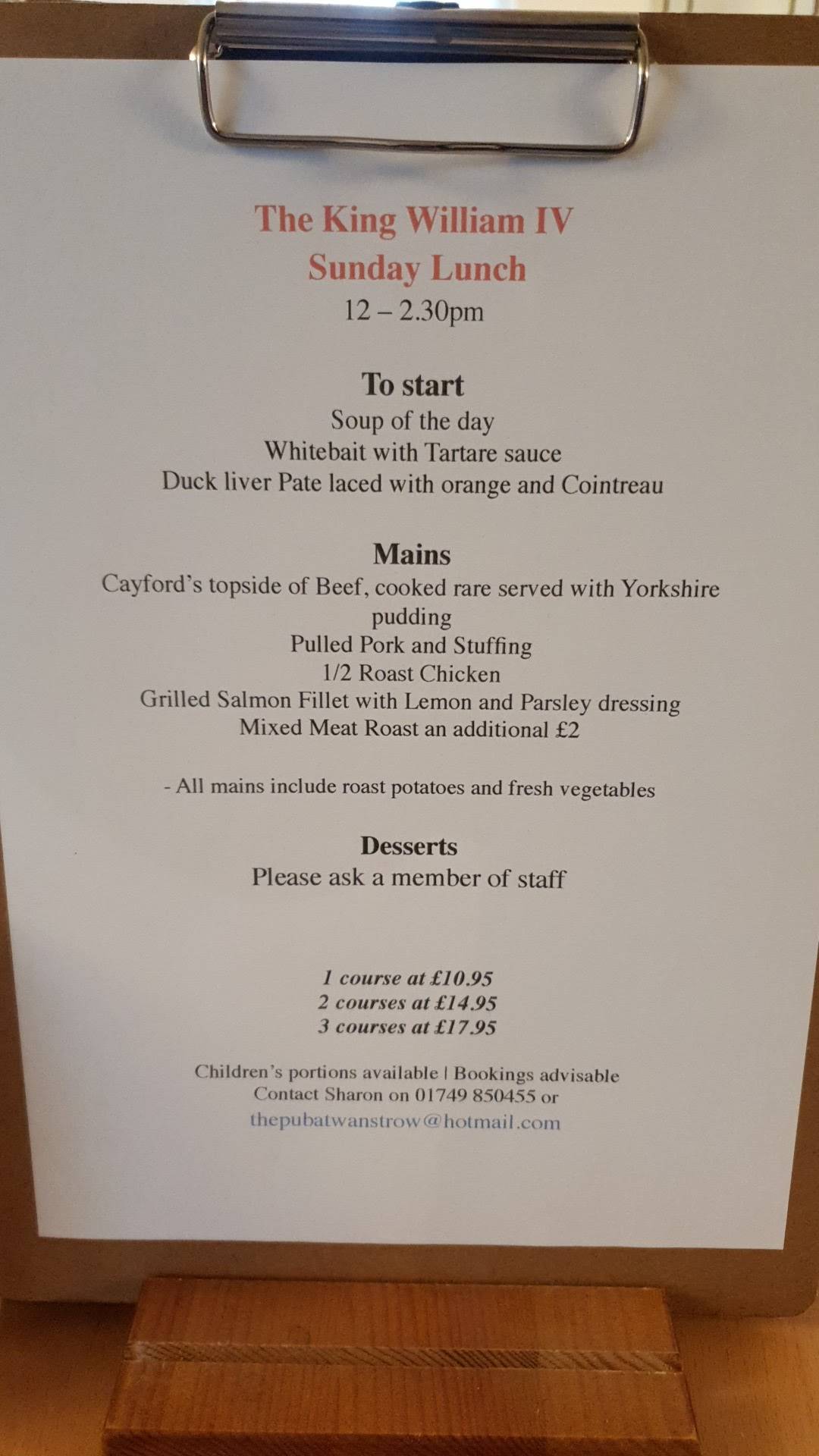Menu at The King William IV pub & bar, Evercreech