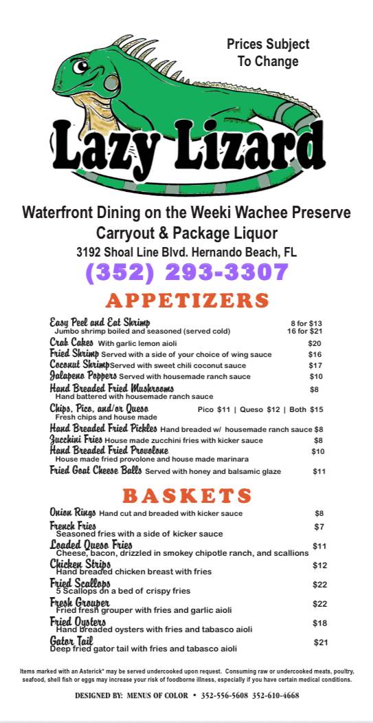 Menu at The Lazy Lizard pub & bar, Hernando Beach