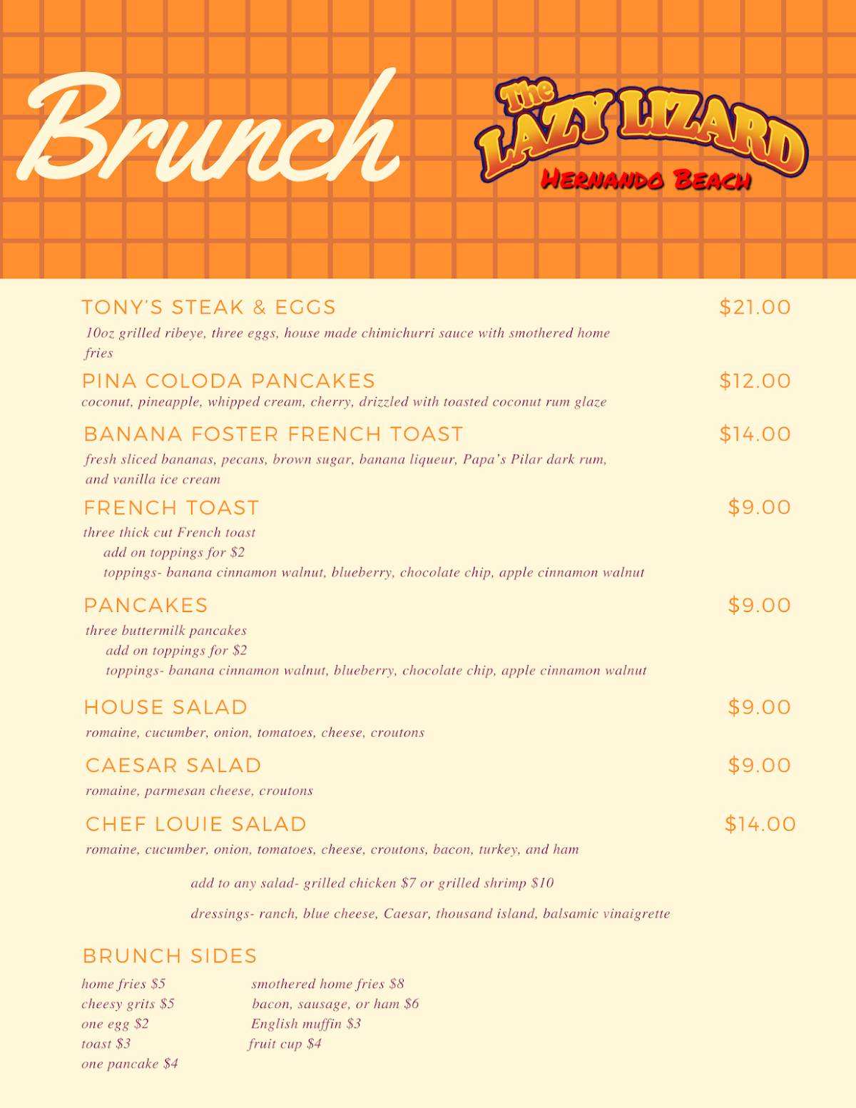 Menu at The Lazy Lizard pub & bar, Hernando Beach