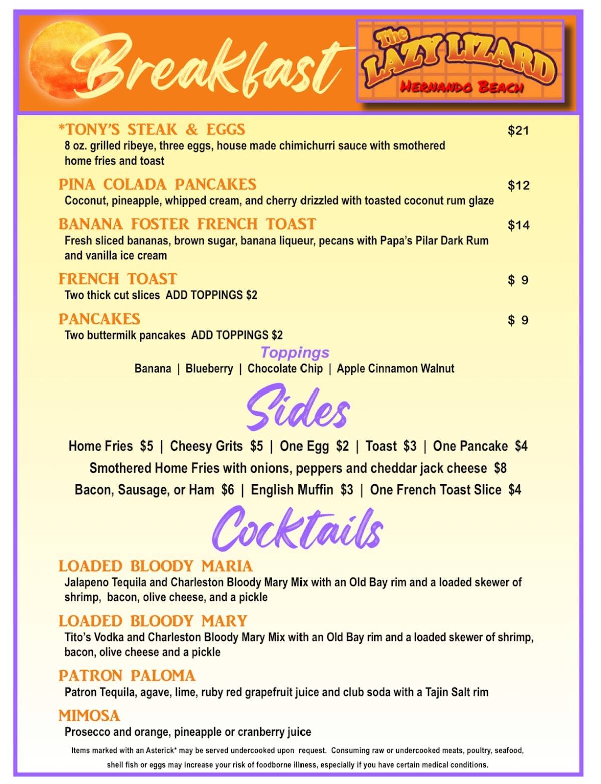 Menu at The Lazy Lizard pub & bar, Hernando Beach