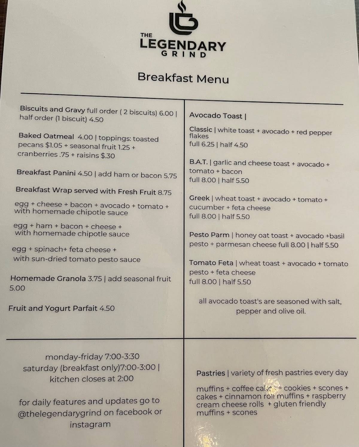 Menu at The Legendary Grind cafe, Middlebury