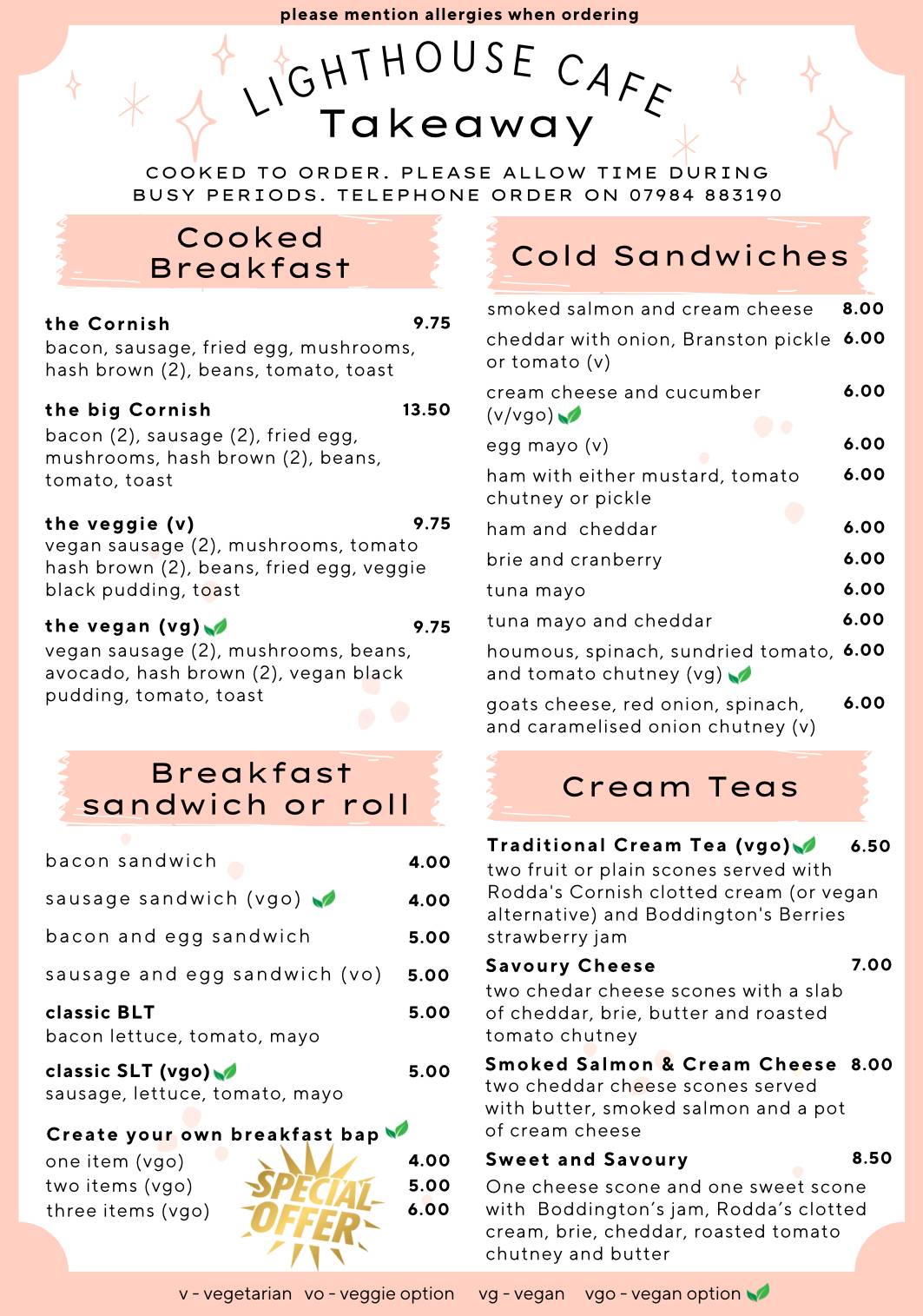Menu at The Lighthouse Cafe, Mevagissey