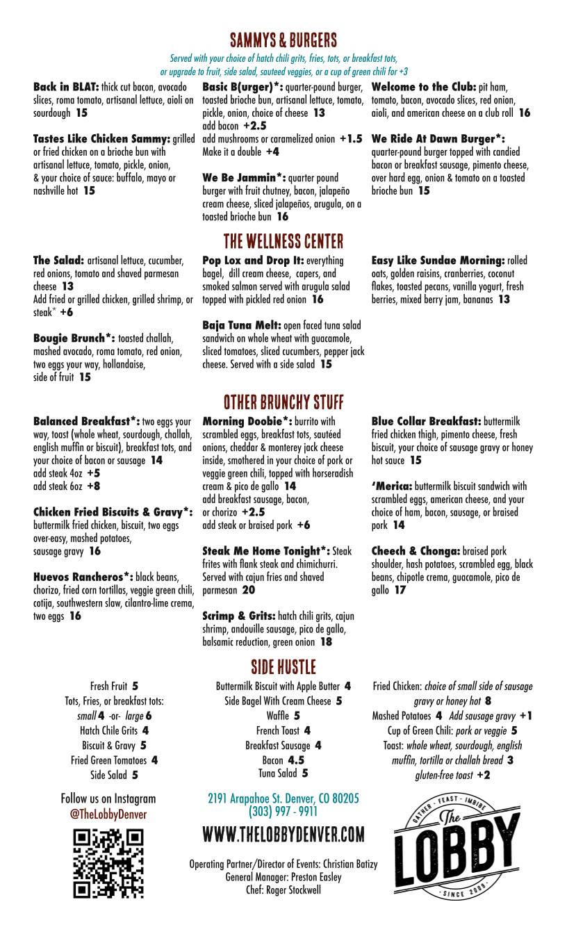 Menu at The Lobby restaurant, Denver
