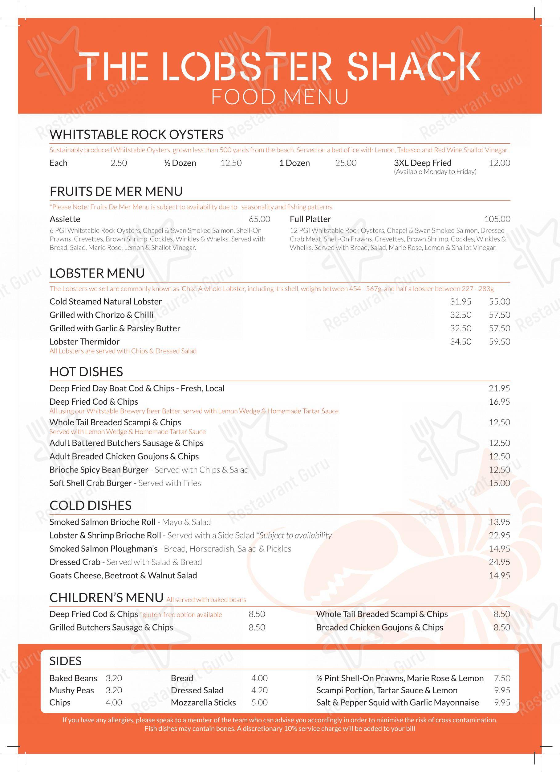 Menu at The Lobster Shack restaurant, Whitstable