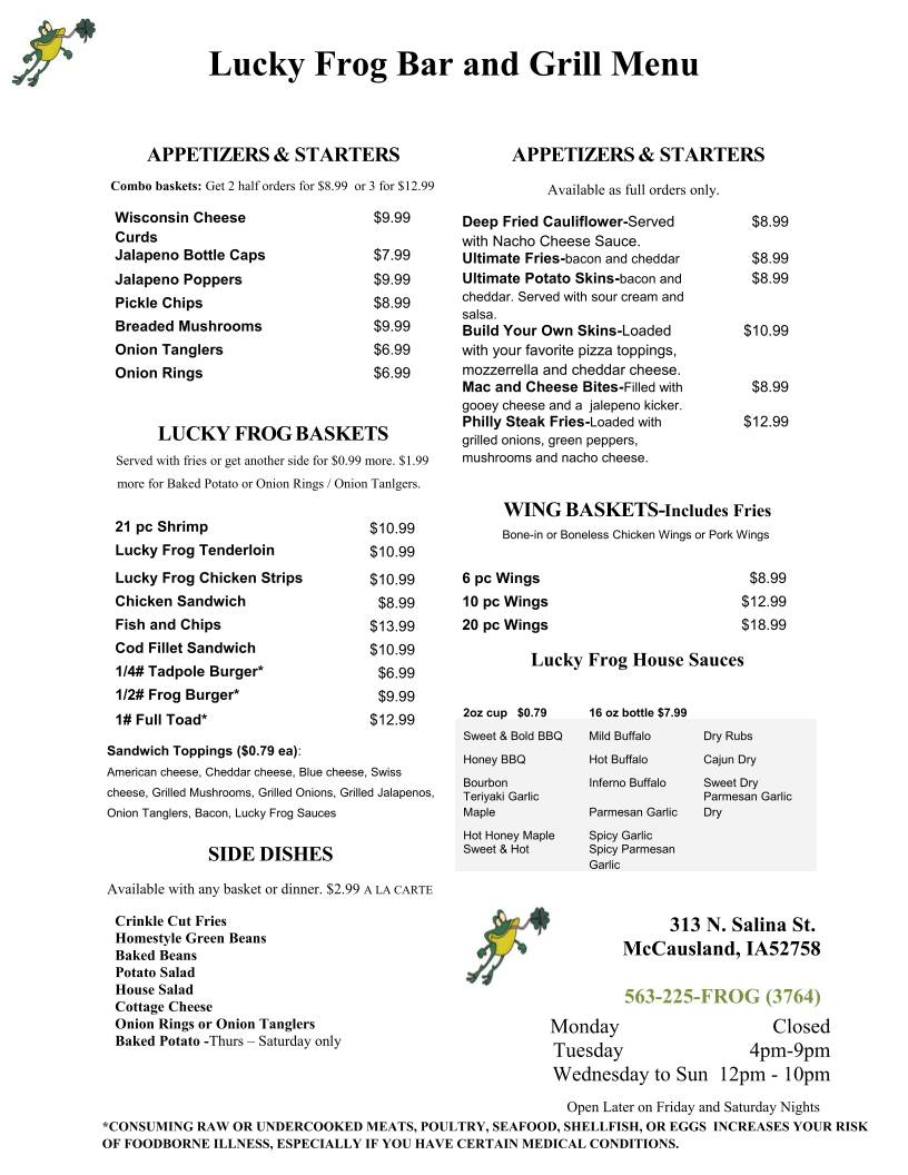 Menu at The Lucky Frog Bar and Grill, McCausland