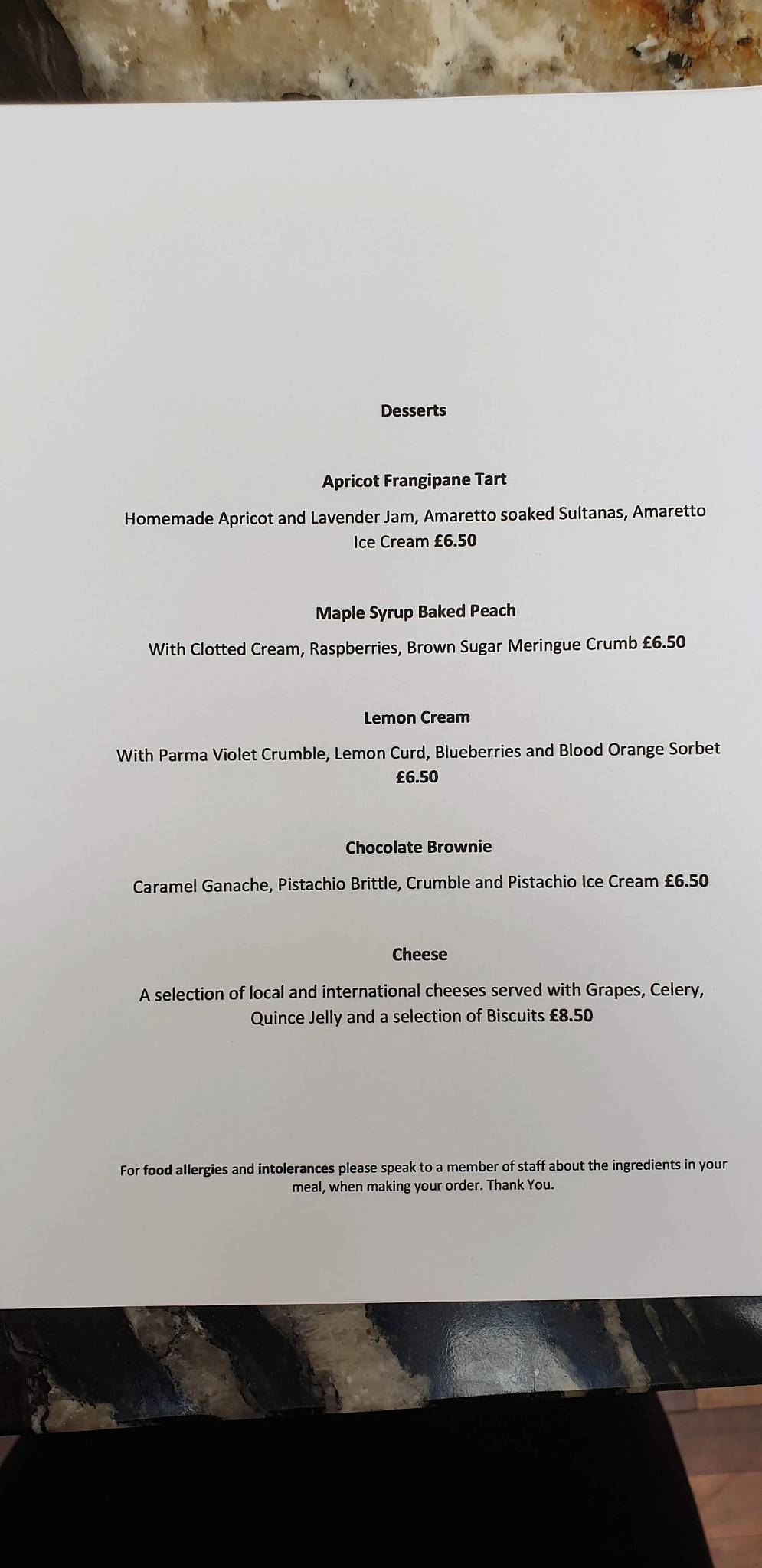 Menu at The Mansion House restaurant, Louth