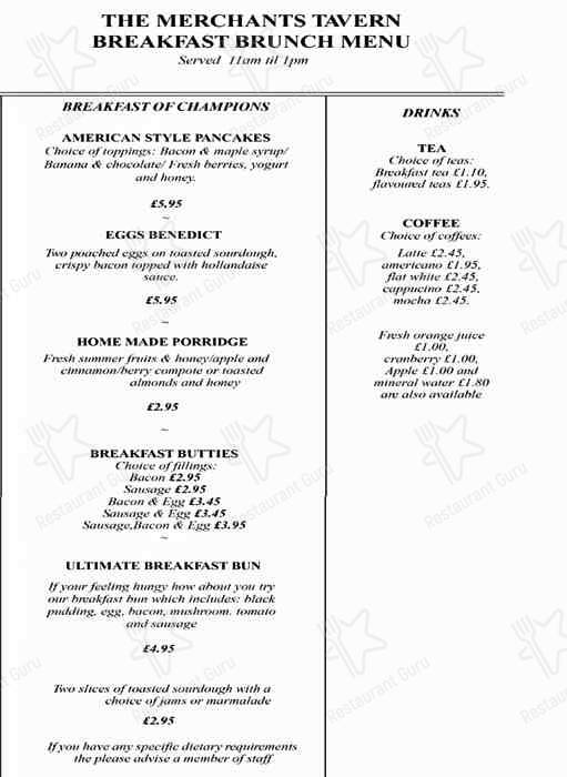 Menu at The Merchants Tavern pub & bar, Newcastle upon Tyne