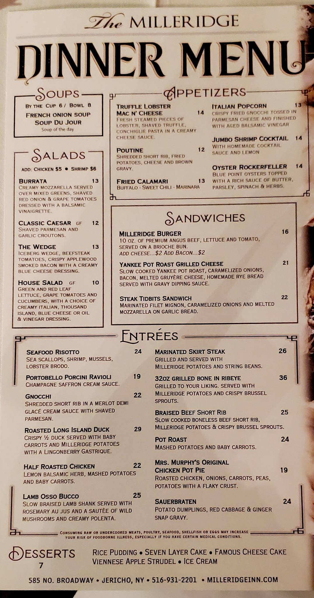 Menu at The Milleridge Inn restaurant, Jericho