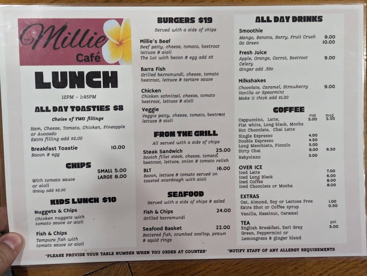 Menu at The Millie cafe, Cable Beach