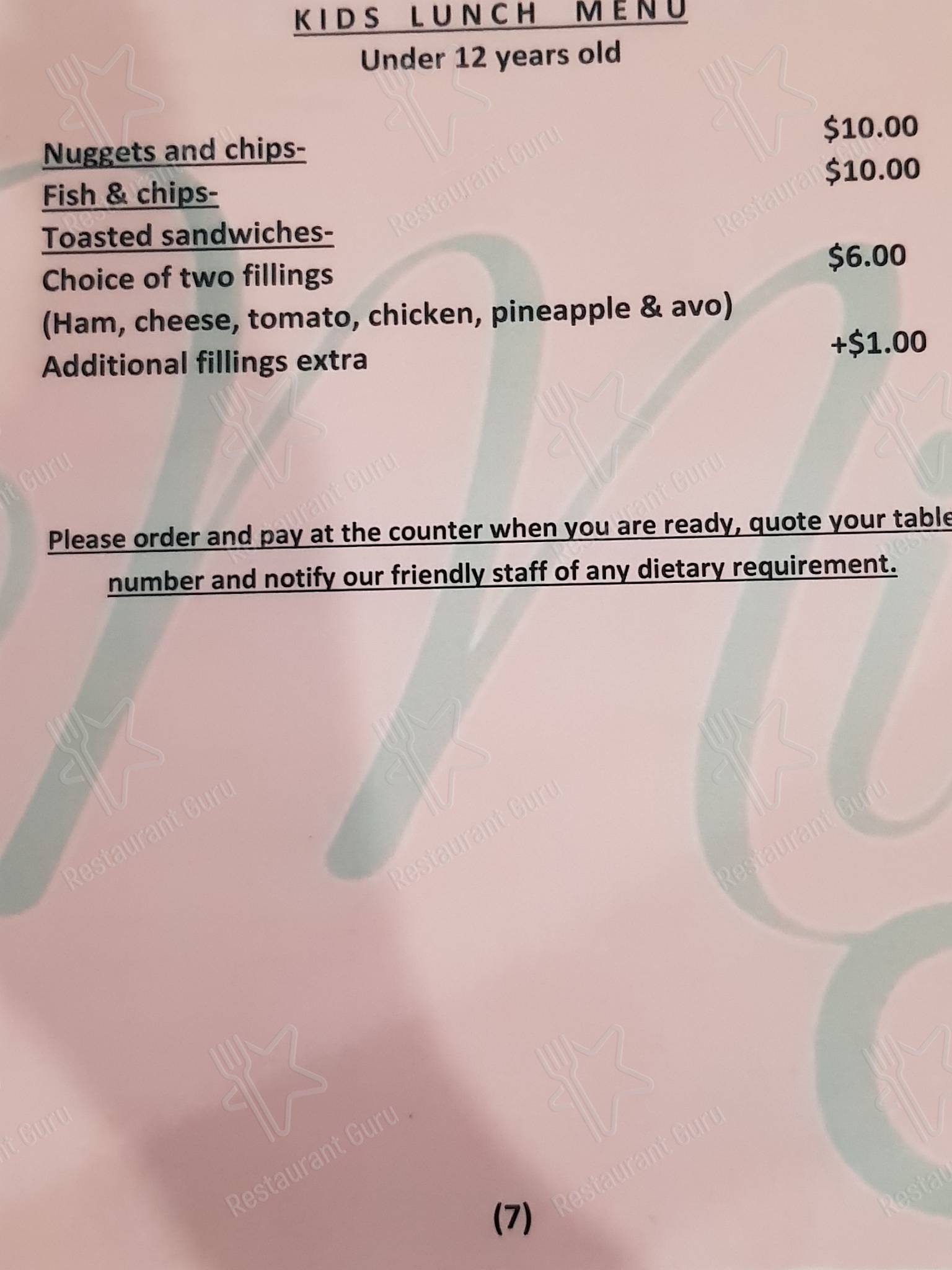 Menu at The Millie cafe, Cable Beach