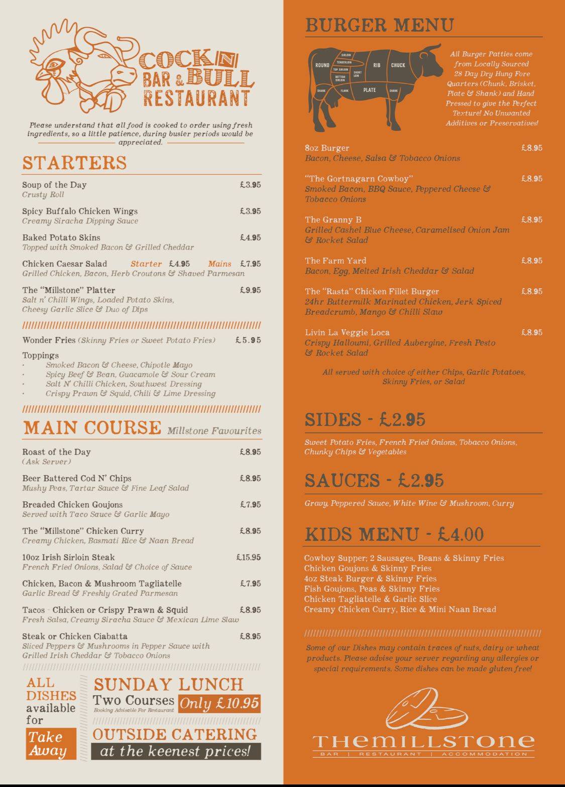 Menu at The Millstone restaurant, Omagh