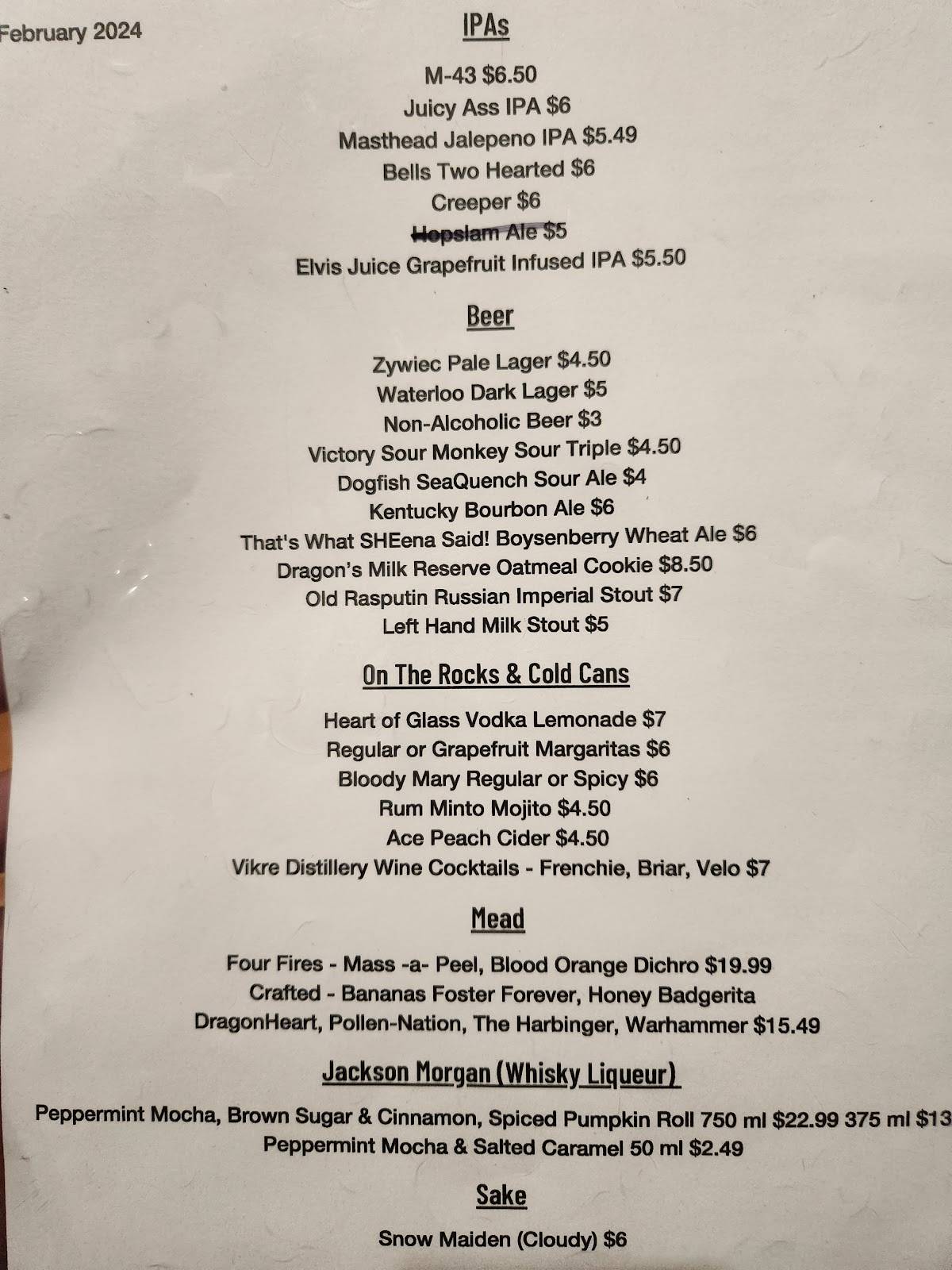 Carta de The Mockingbird on Mill Road - Wine Cafe, Estados Unidos