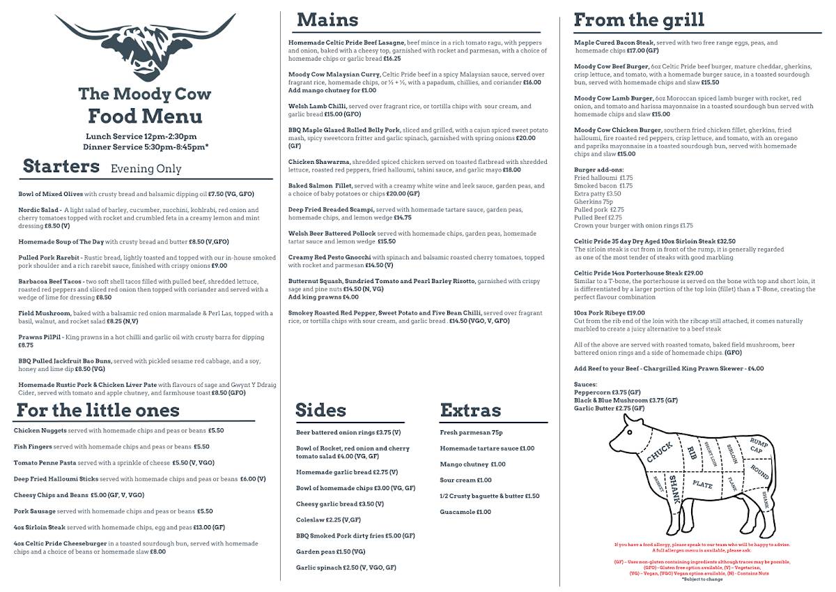 Menu at The Moody Cow Farm Shop & Welsh Bistro restaurant, Aberaeron ...