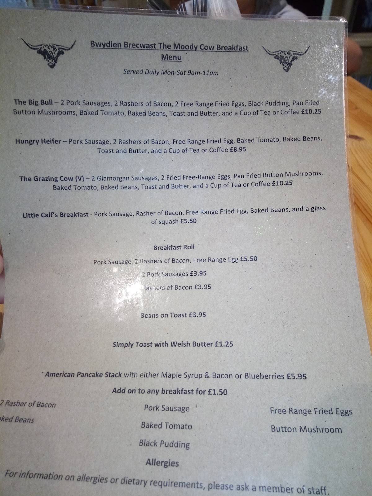 Menu at The Moody Cow Farm Shop & Welsh Bistro restaurant, Aberaeron ...