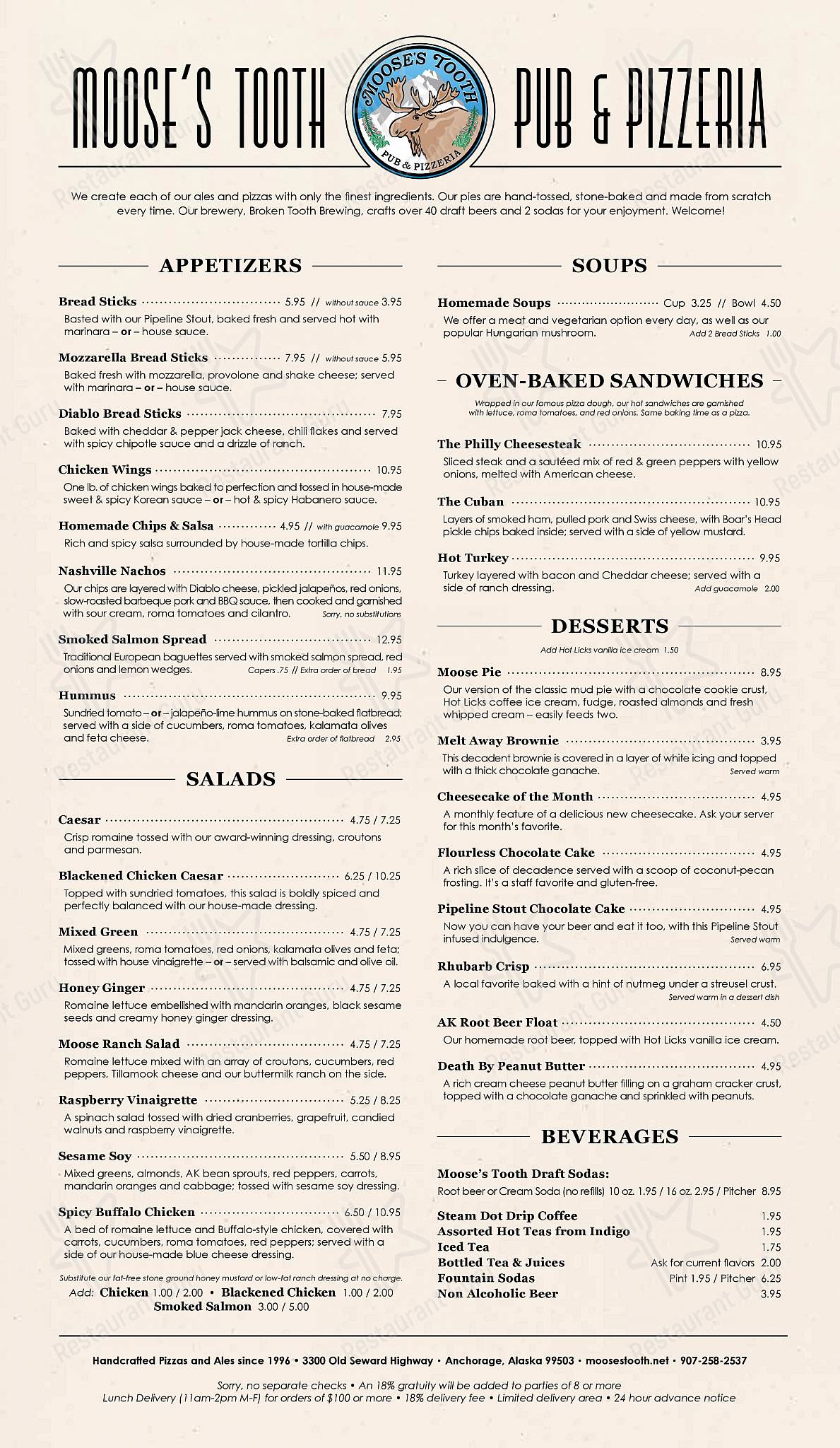 Menu at Moose's Tooth Pub & Pizzeria, Anchorage