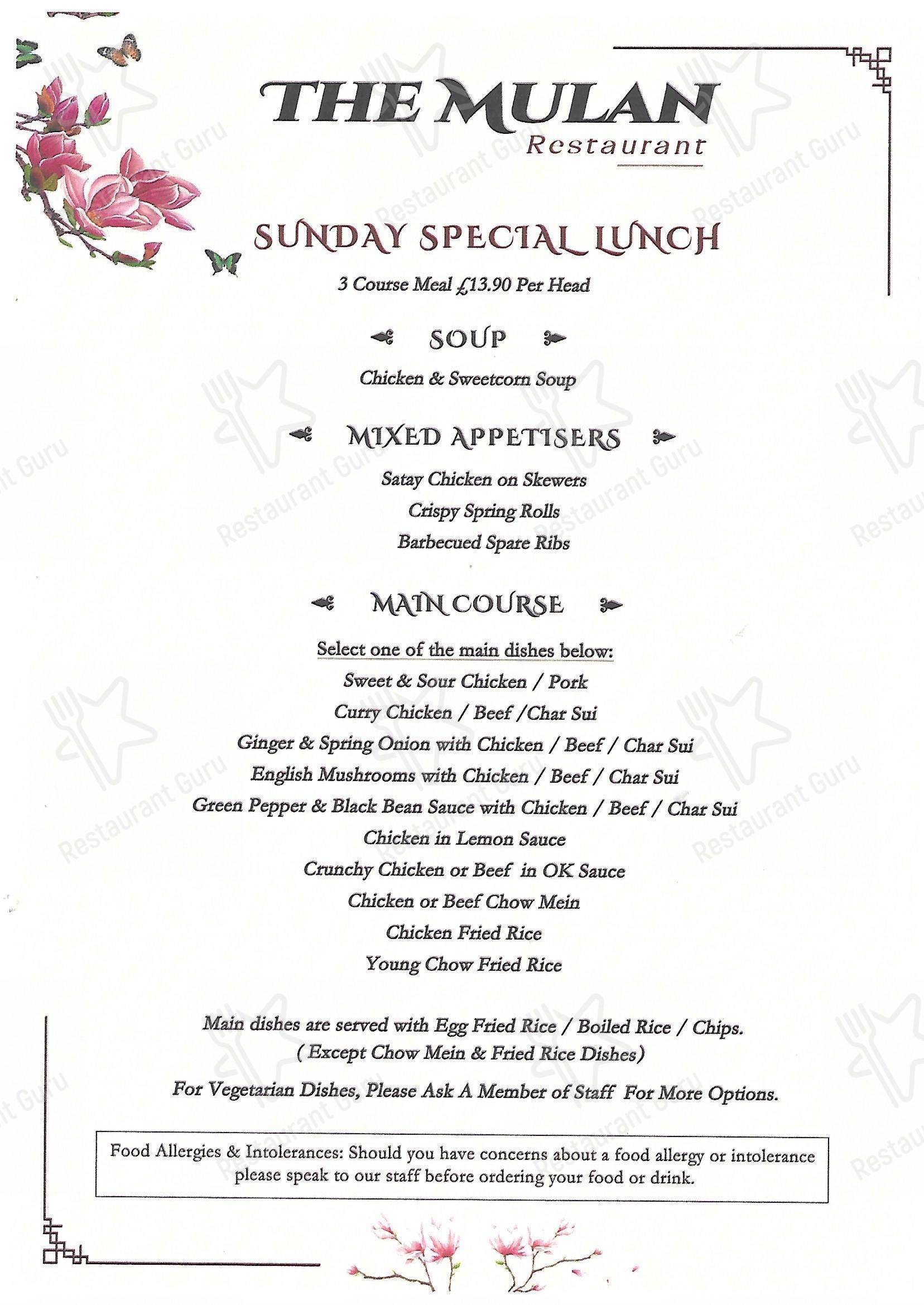 Menu at The Mulan restaurant, York