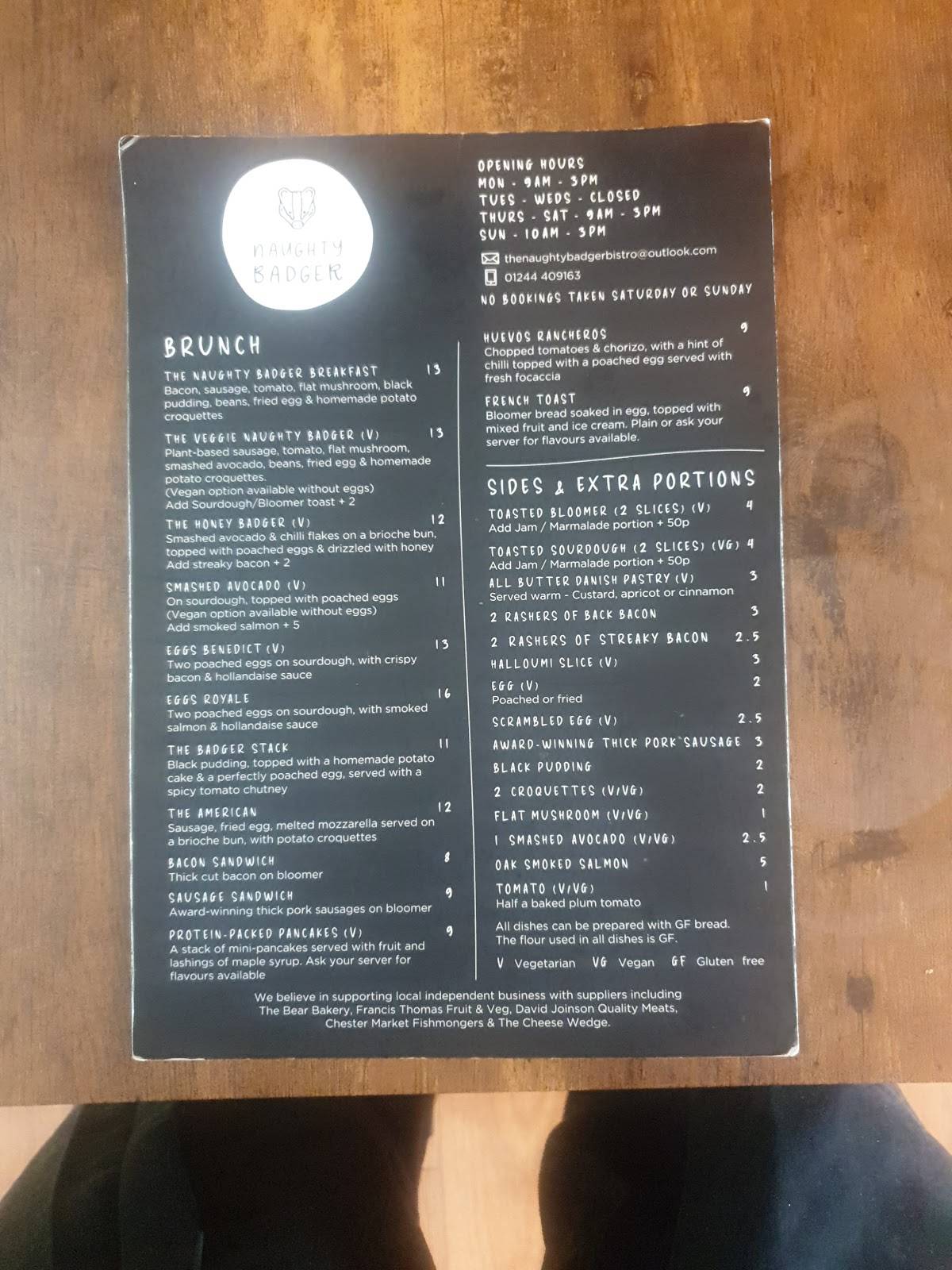 Menu at The Naughty Badger Bistro cafe, Chester