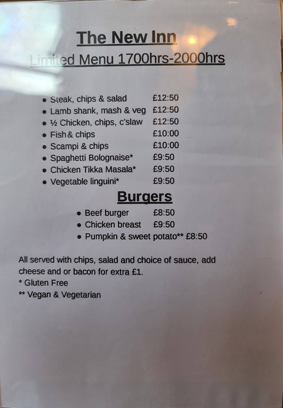 Menu at The New Inn pub & bar, Wedmore