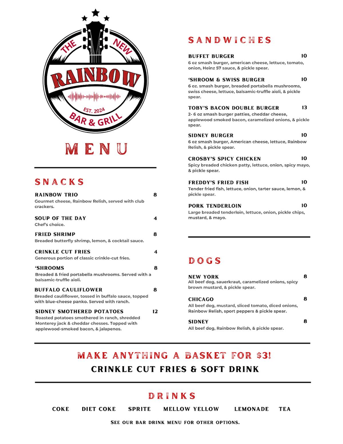 Menu at The New Rainbow Bar & Grill, Sidney