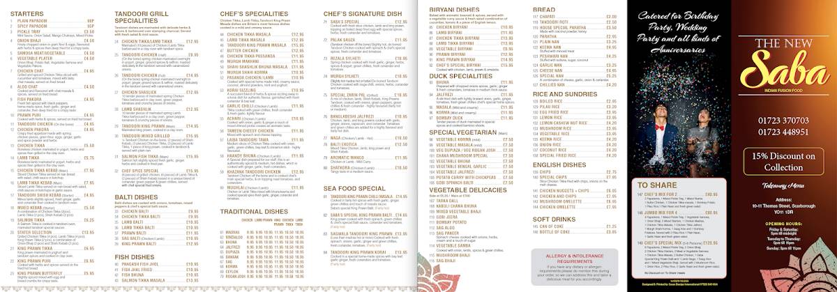 Menu at The New Saba indian restaurant, Scarborough