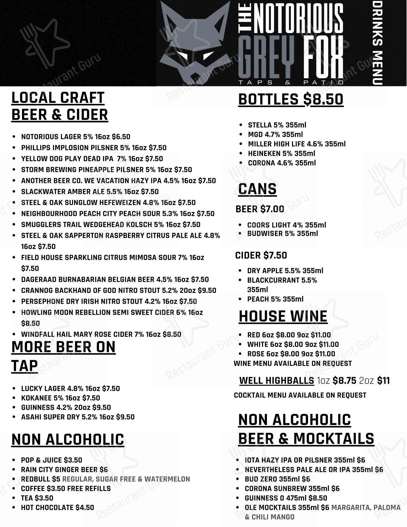 Menu at The Notorious Grey Fox Taps & Patio pub & bar, New Westminster