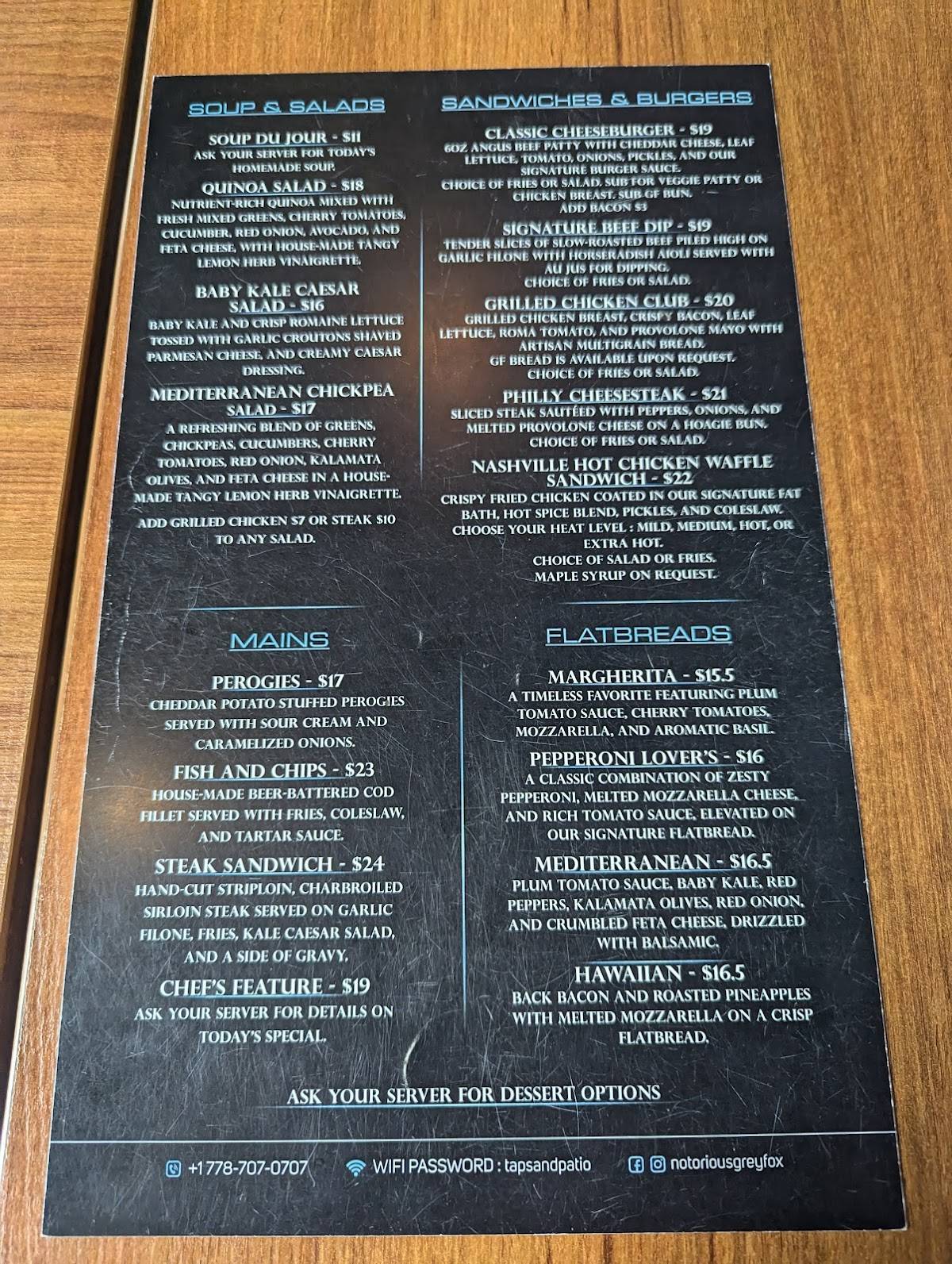 Menu at The Notorious Grey Fox Taps & Patio pub & bar, New Westminster