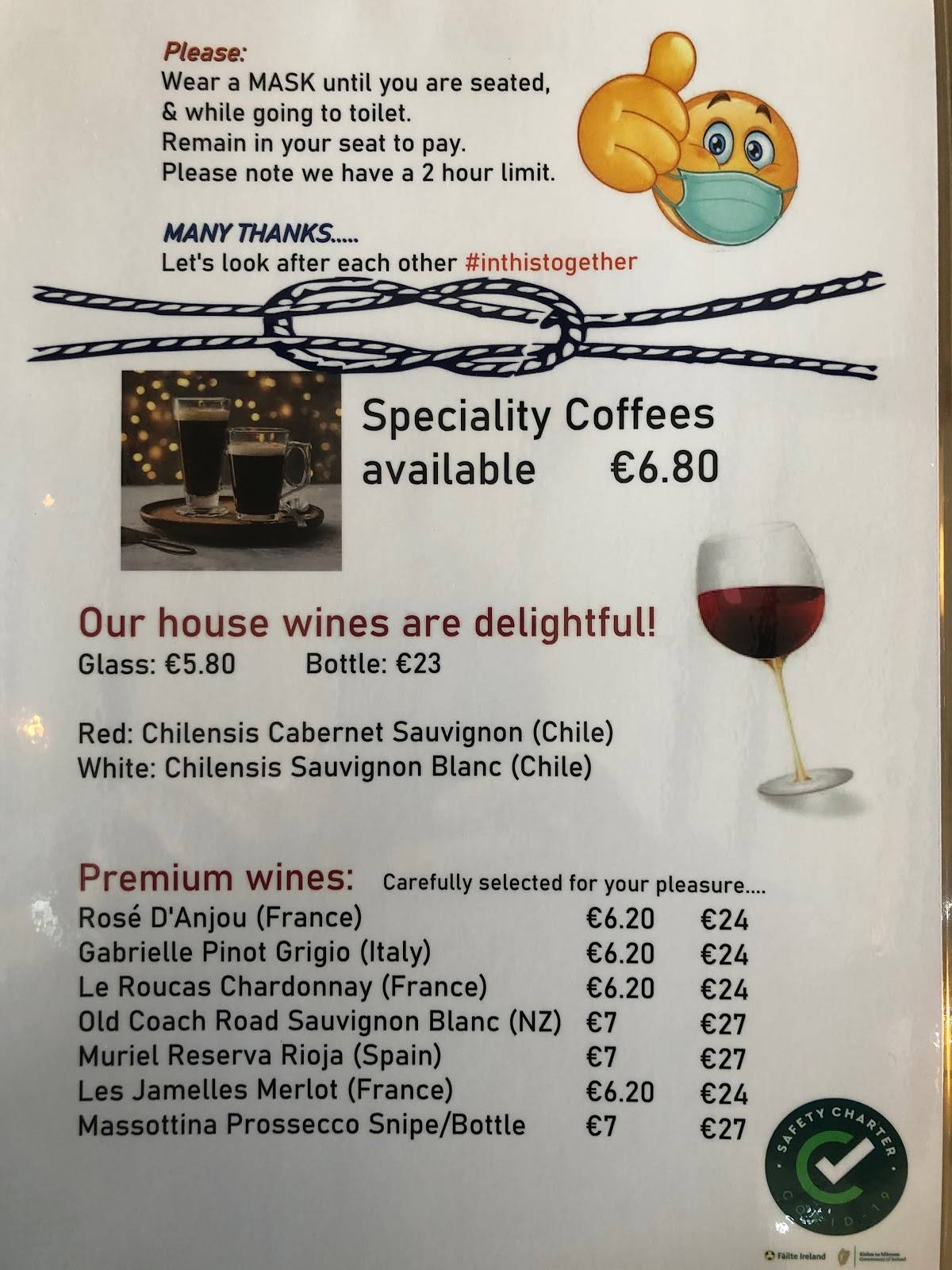 Menu at The Oar Bar, Crosshaven
