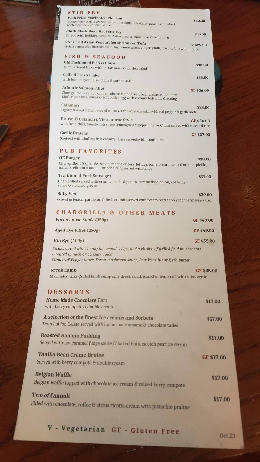 Menu at The Old England Hotel pub & bar, Heidelberg