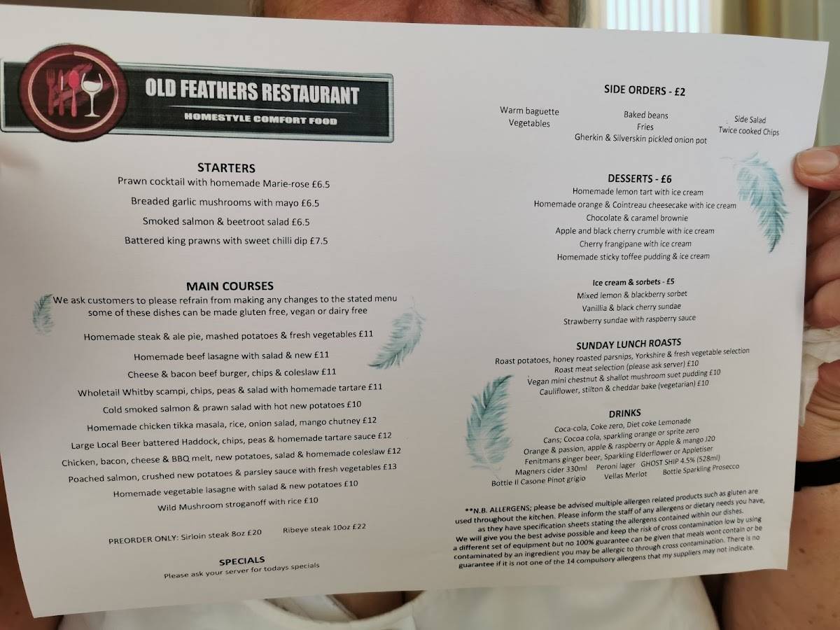Menu at The Old Feathers restaurant, Norwich