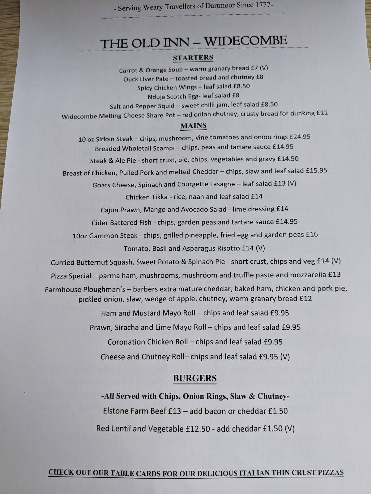 Menu at The Old Inn pub & bar, Widecombe in the Moor