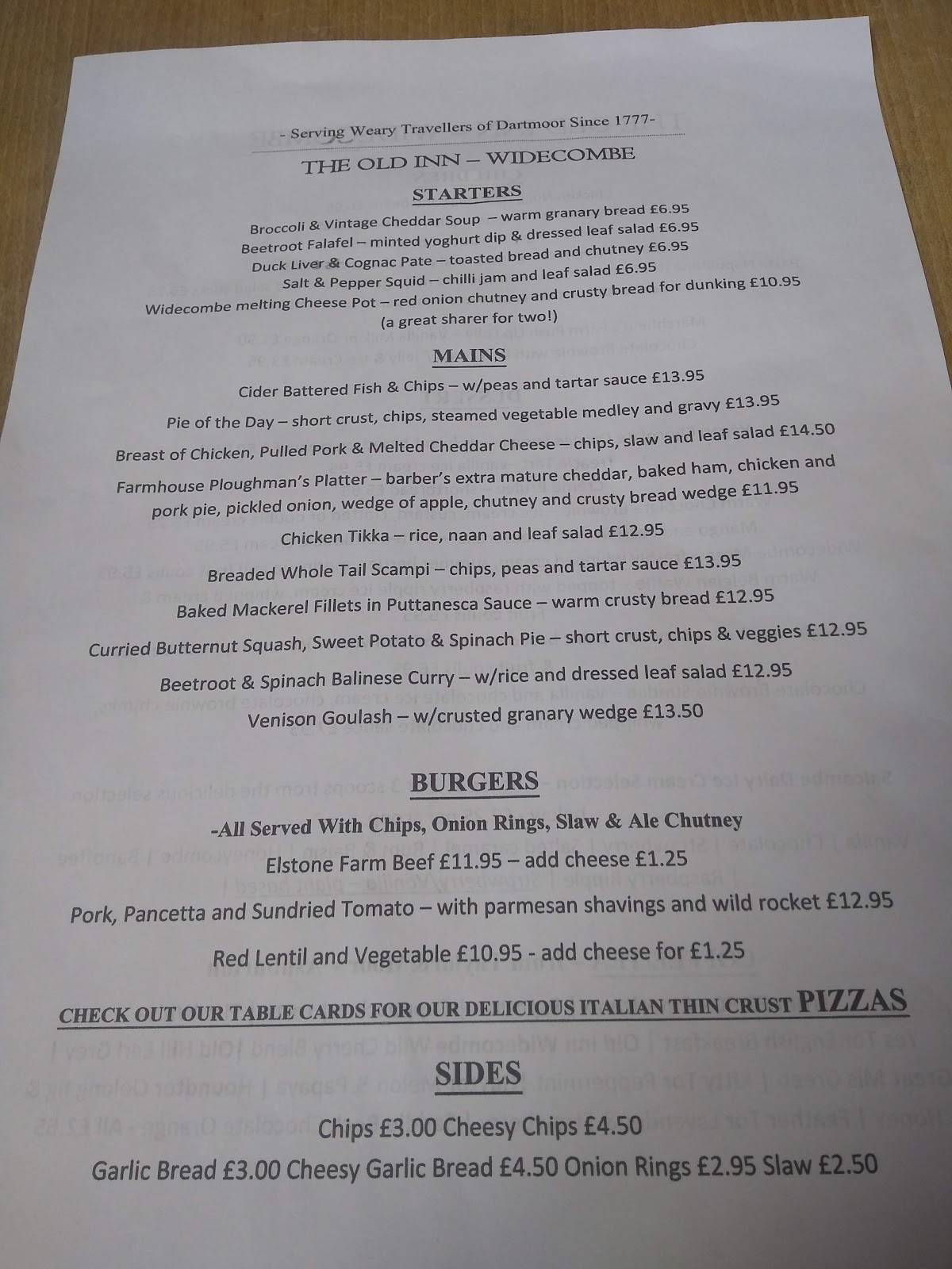 Menu at The Old Inn pub & bar, Widecombe in the Moor