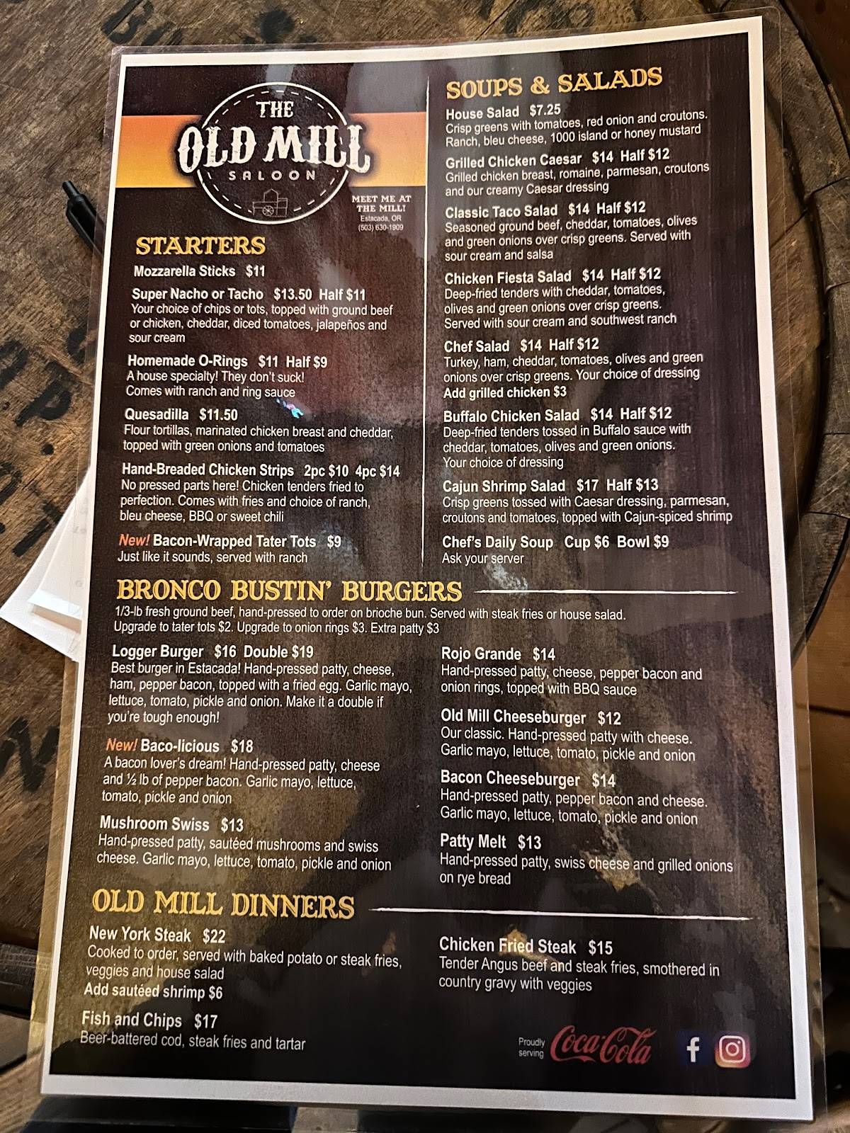 Menu at The Old Mill Saloon pub & bar, Estacada