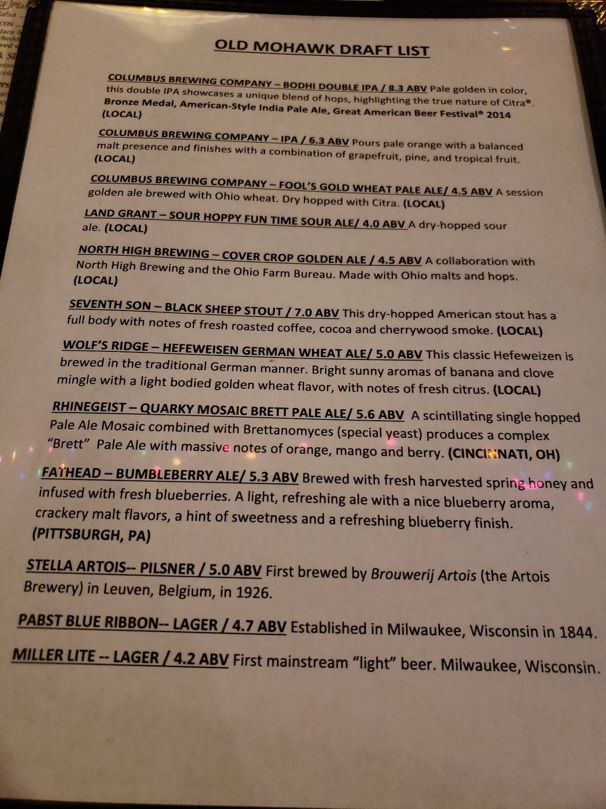 Menu at The Old Mohawk restaurant, Columbus