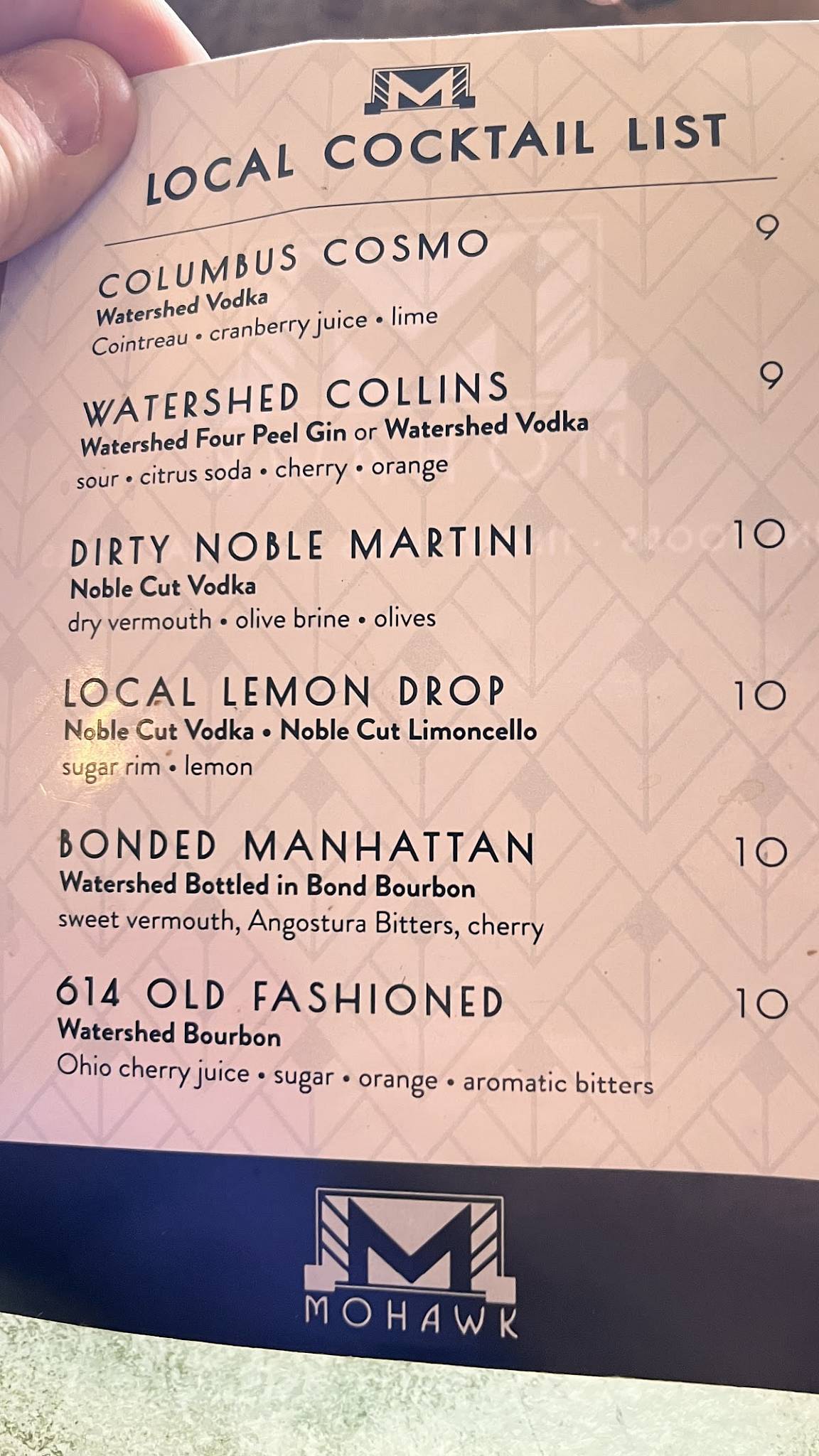 Menu at The Old Mohawk restaurant, Columbus