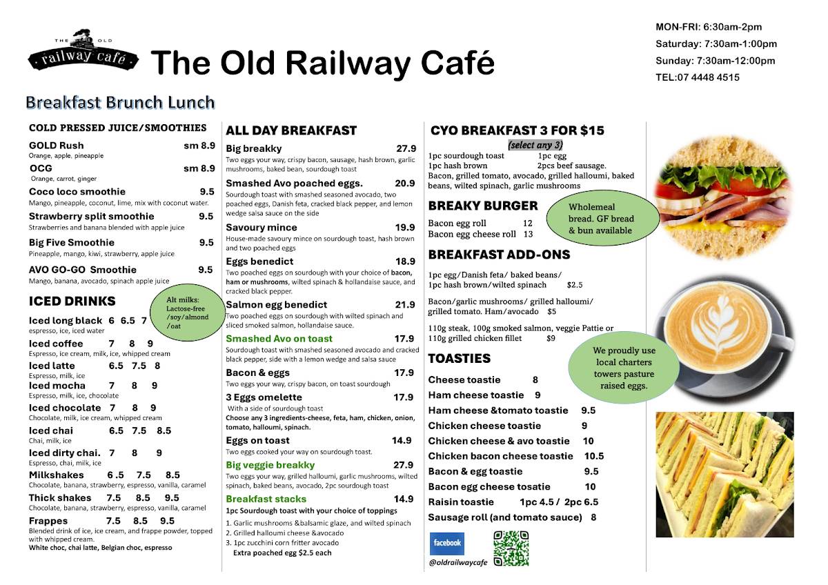 Menu at The Old Railway Cafe, Townsville City