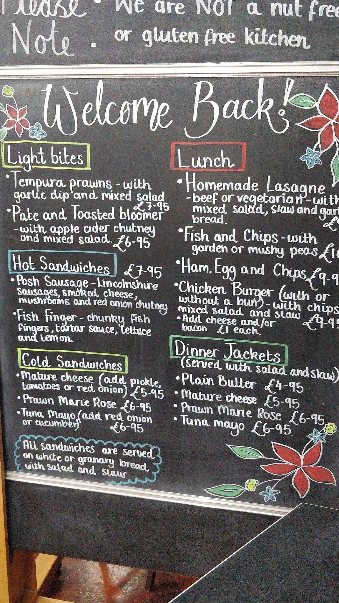 Menu at The Old School Messingham cafe, Scunthorpe