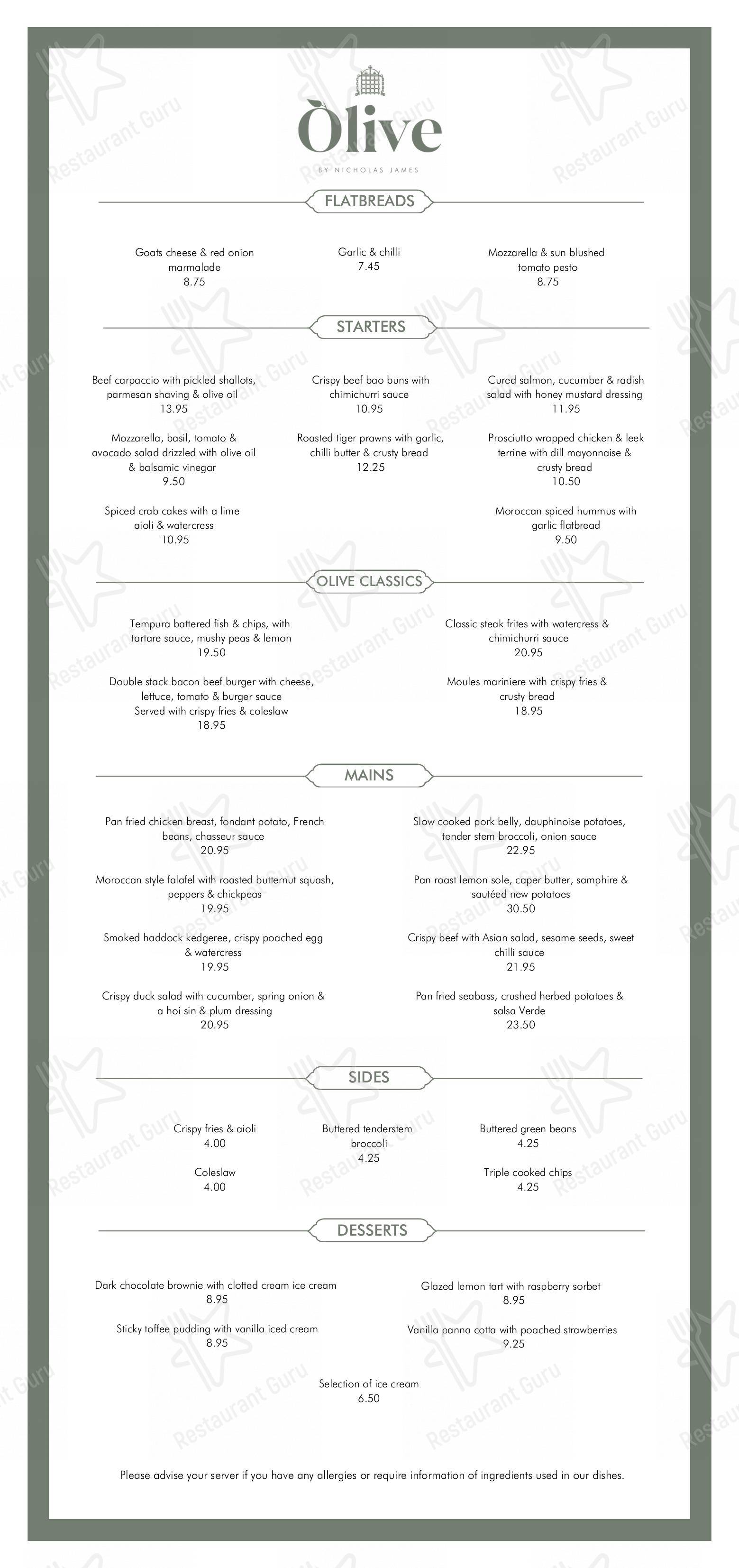 Menu at The Olive Tree pub & bar, Romsey, The Olive Trees