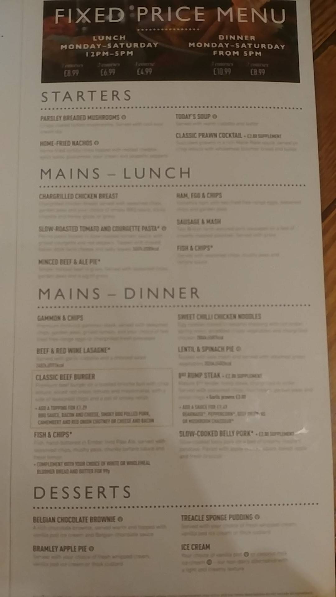 Menu at The Optimist Tavern pub & bar, Upminster